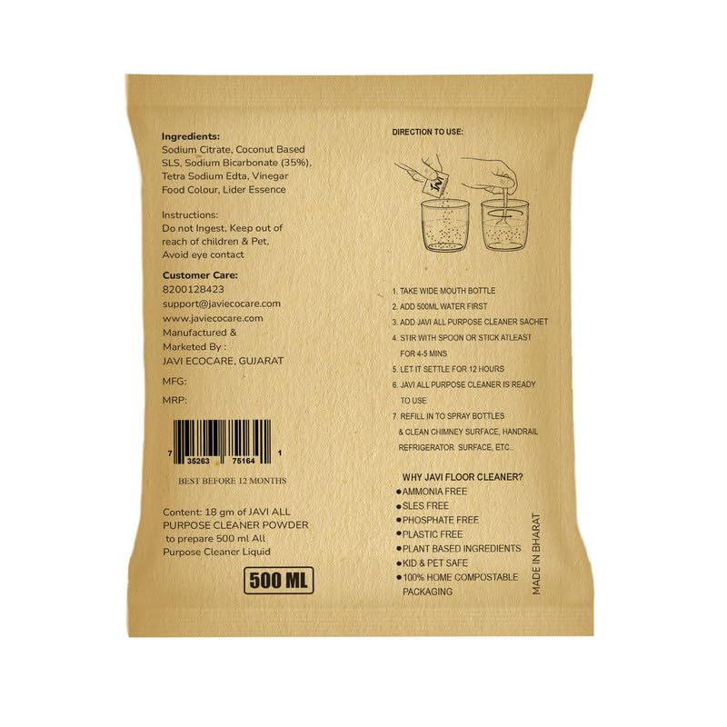 JAVI All Purpose Cleaner Powder to Liquid Refill Pack (1 Sachet = 500m
